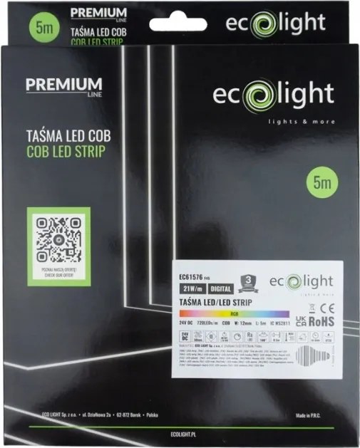 Led páska Jednotná Cob Digitální Barevná Rgb 24V 720/m 21W/m 720lm/m 5m