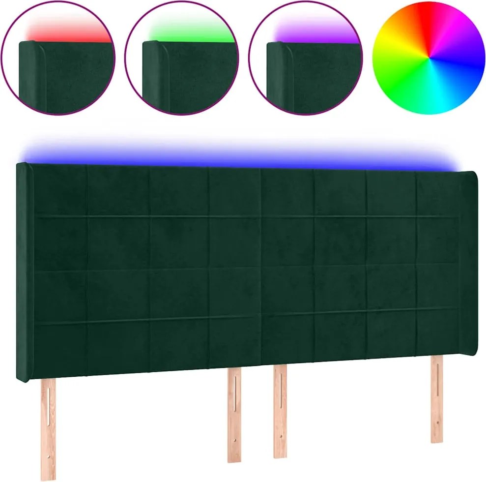 Čelo postele s LED tmavě zelené 203 x 16 x 118/128 cm samet 3124117