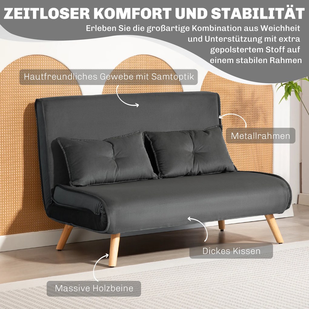 HOMCOM 2místná rozkládací pohovka, postelové sofa, pohovka konvertovatelná na postel, nastavitelná opěrka zad, látkový potah, kovový rám, šedá