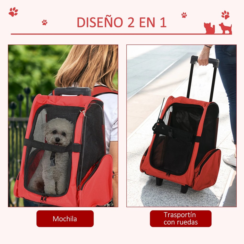 PawHut Pet Carrier Kart 2 v 1 Batoh 42x25x55 cm pro domácí mazlíčky Psy Kočky Červená