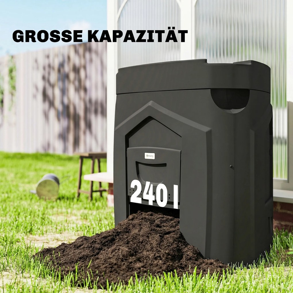 Outsunny kompostér na zahradu, 240 l, trojúhelníkový s 3 dvířky, 66 větracími otvory a otevřeným dnem — včetně rukavic a šroubováku, černý