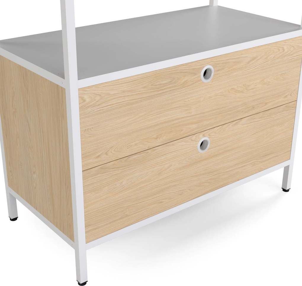 Regál se zásuvkami do kanceláře, na šanony a dokumenty, otevřené police, kovový, bílý/dub sonoma, 800x2200x400 mm: ARIEL Eco Design