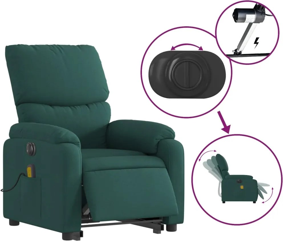 Elektrické zvedací masážní polohovací křeslo zelené textil 3204866