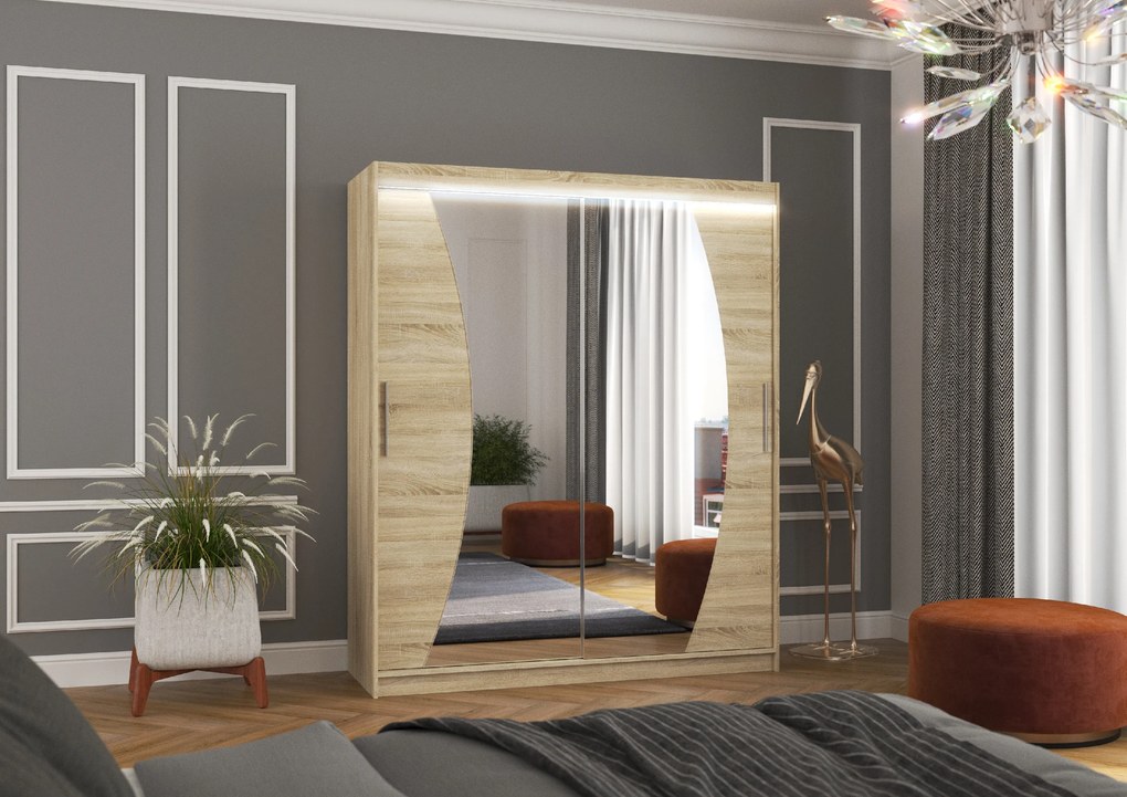 ADRK Furniture Posuvná skříň se zrcadlem a LED osvětlením DOLORES 180 SW-DOL-S-180+L-V299