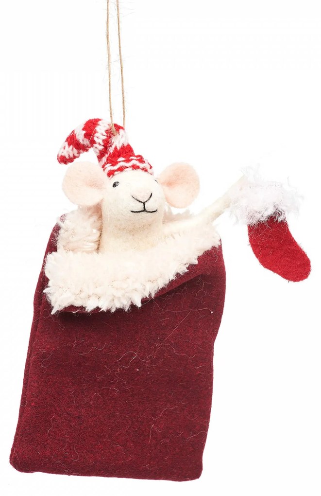 sass & belle Vánoční ozdoba Mouse in Sleeping Bag, červená barva, bílá barva, textil