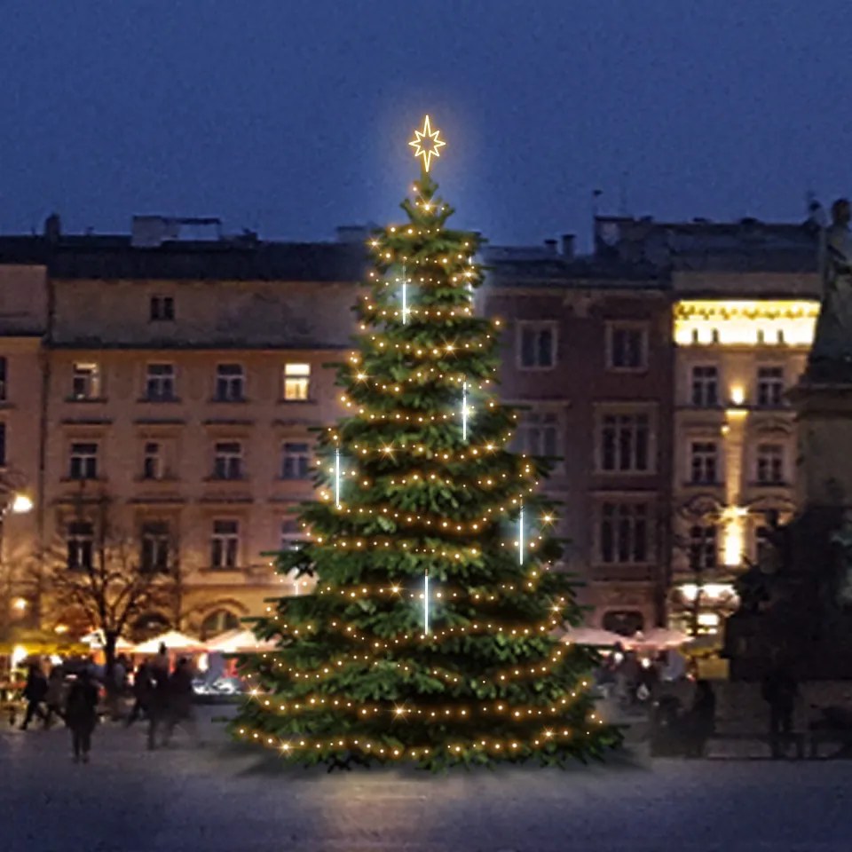 LED světelná sada na stromy vysoké 9-11 m, teplá bílá s padajícím sněhem