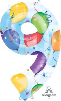 Amscan Balónek fóliový narozeniny číslo 9 modrý s motivem balonků 86cm |  BIANO