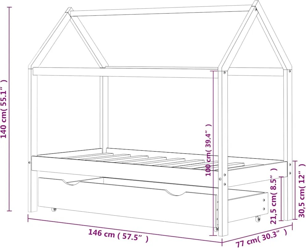 Rám dětské postele se zásuvkou bílý masivní borovice 70x140 cm 322139