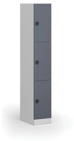 Šatní skříňka s úložnými boxy, 3 boxy, 1850 x 300 x 500 mm, kódový zámek, tmavě šedé dveře