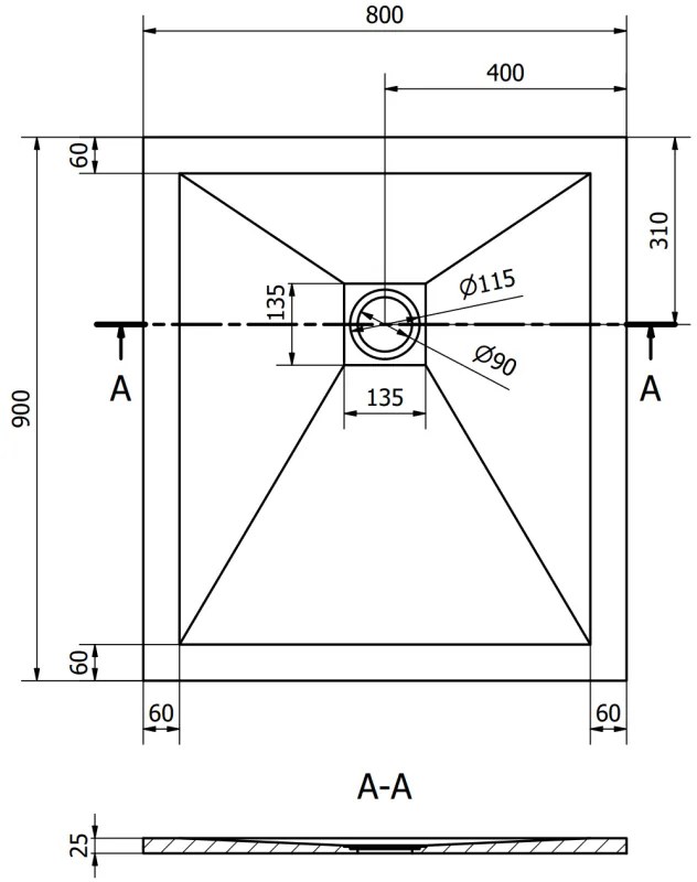 Mexen Stone+ kompozitní čtvercová sprchová vana 90 x 80 cm, Bílá - 44108090