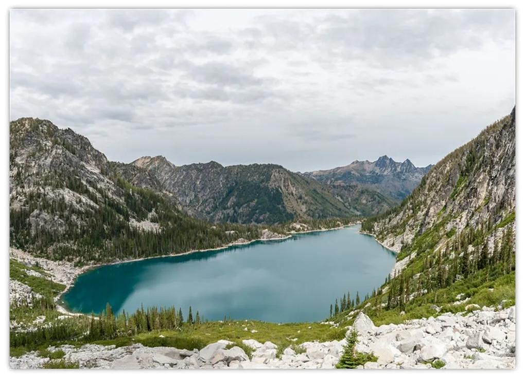 Skleněný obraz jezera v horách (70x50 cm)