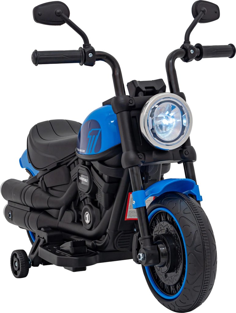 Ramiz Elektrická motorka Chopper FASTER na baterie pro děti modrá + FM rádio + audio panel + LED