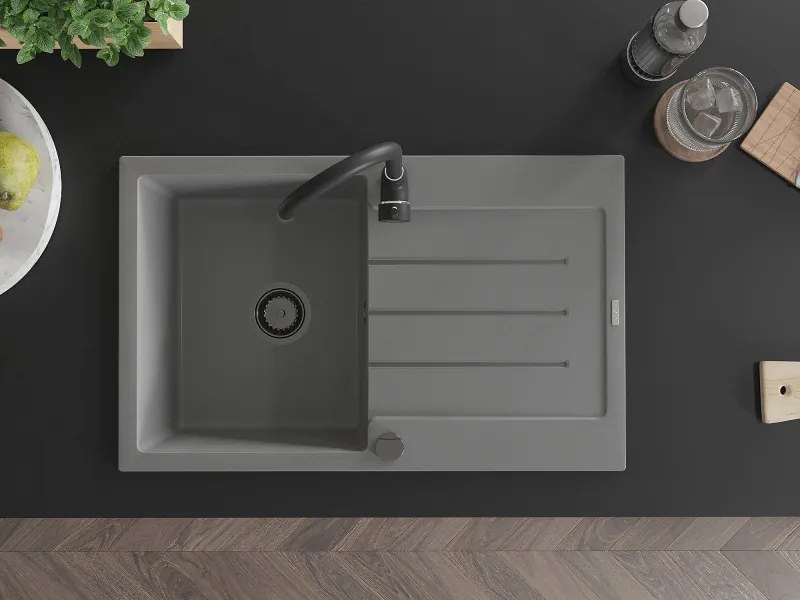 Mexen Bruno, granitový dřez 795x495x200 mm, 1-komorový, šedá s černým sifonem, 6513791010-71-B