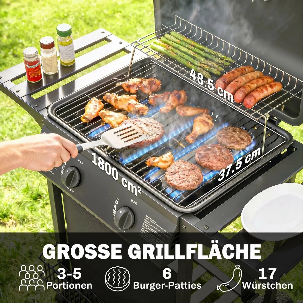 Outsunny Plynový gril 5 KW 2 hořáky BBQ grilovací vozík z nerezové oceli včetně bočního stolku spodní koš přední kryt teploměr smaltovaný grilovací r…