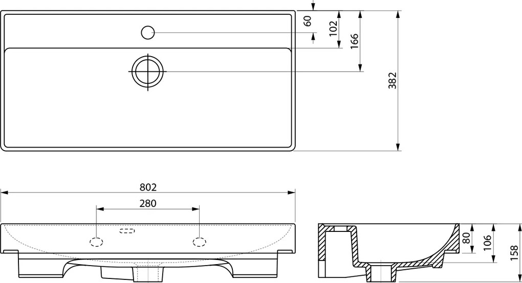 Aqualine Aqualine, PARLA keramické umyvadlo 80x38cm, bílá, 9980