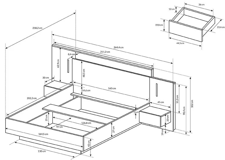 3D | dvoulůžko 160x200 cm + 2x noční stolek + osvětlení | bílá/dub kraft zlatý