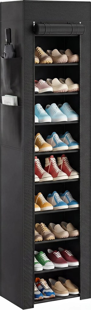 HOMCOM úzký 10patrový kovový botník s krytem proti prachu – pro 20 párů, 45×30×175 cm, černý | Aosom