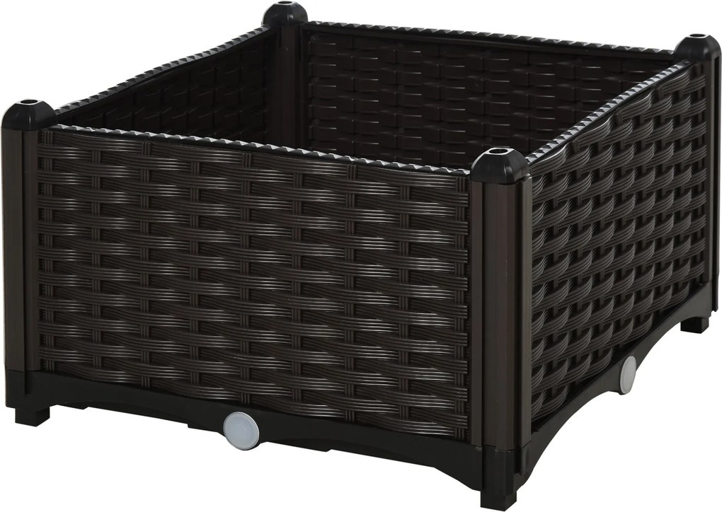 Vyvýšený záhon Outsunny, květináč s drenážními otvory, květinová box v ratanovém vzhledu, plast, hnědá, 40 x 44 cm