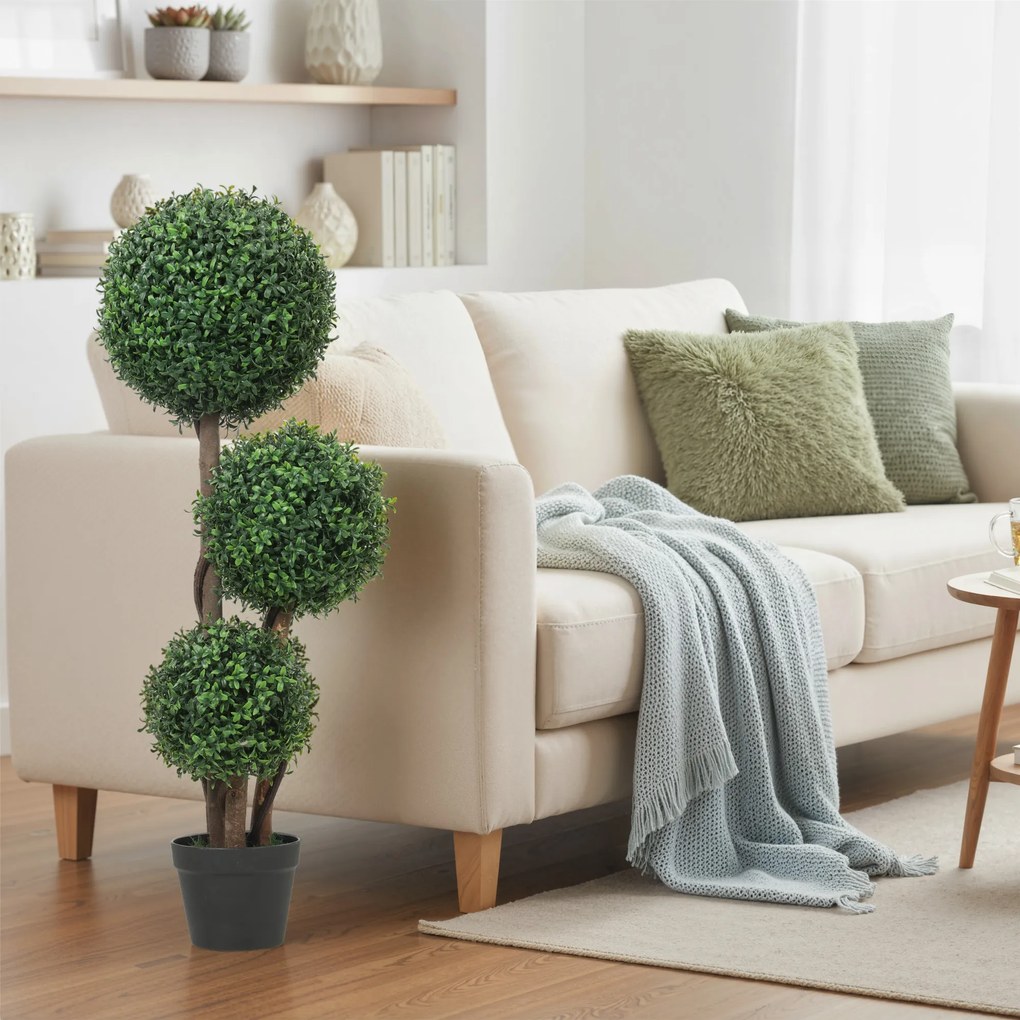 HOMCOM buxusový topiary 100 cm – velký strom se třemi koulemi, umělá rostlina s pravým dřevěným kmínkem v květináči, realistická dekorace do domu i v…