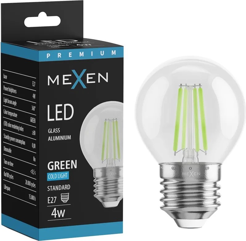 Mexen Vintis, LED filamentová žárovka E27, G45, 4W, zelená, čirá, L156-E27-04XX-46