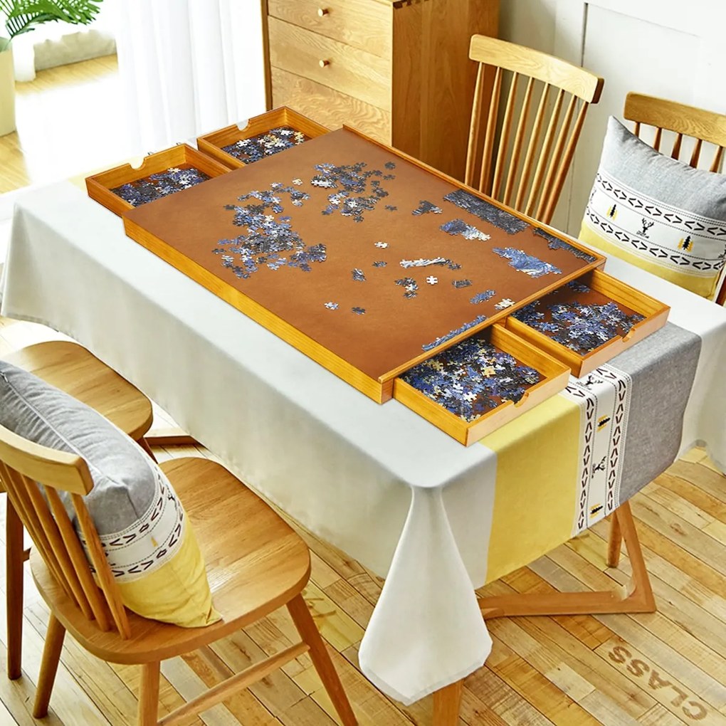 Costway Puzzle stolek s 4 zásuvkami Puzzle deska dřevo – 80 × 65 cm