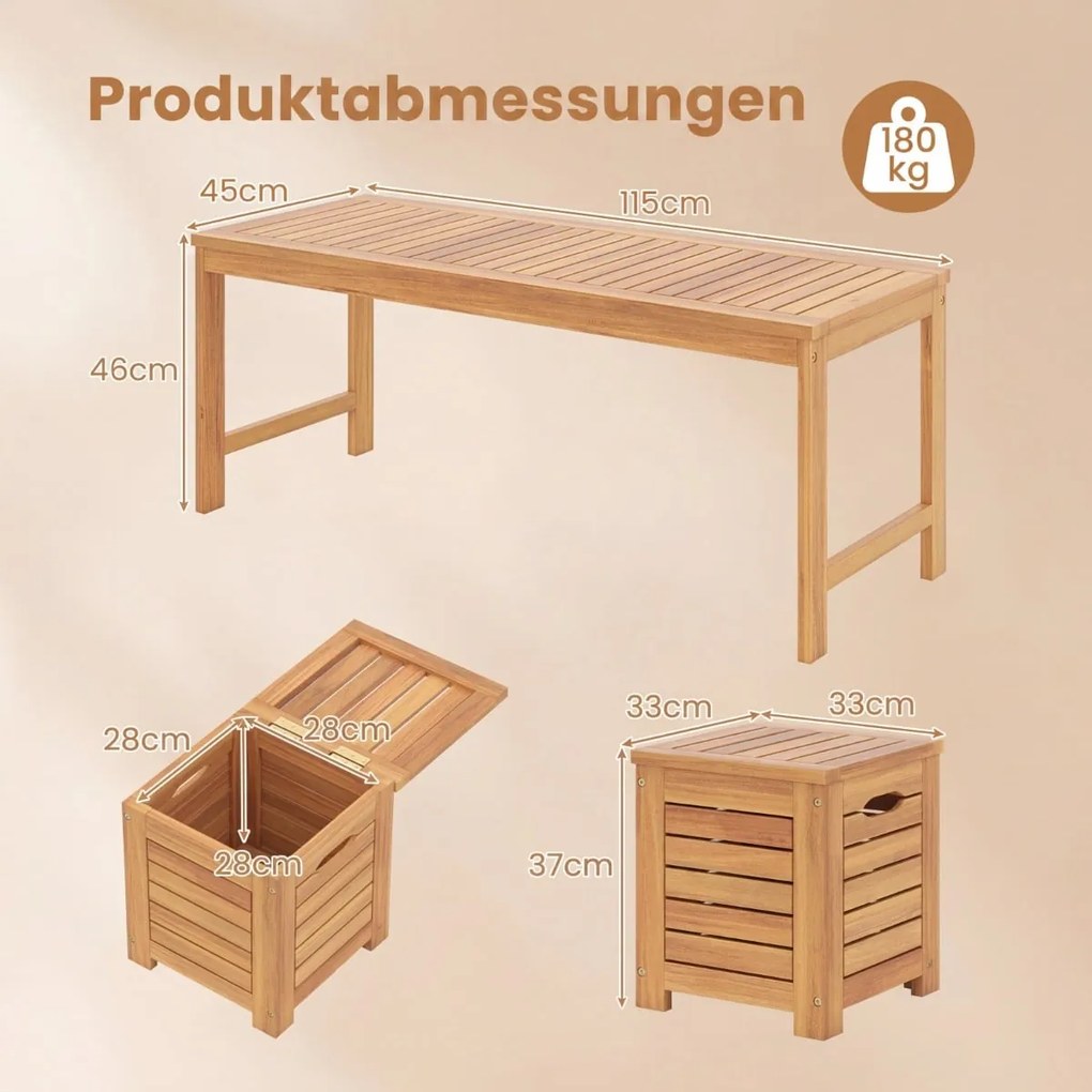 Costway Dřevěná zahradní lavice s 3 úložnými boxy 2-sedačková balkonová bez