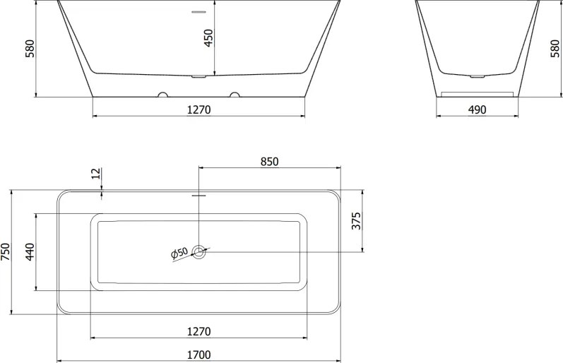 Mexen Velo Slim, volně stojící vana 170 × 75 cm, bílá lesklá, černý přepad, 52811707500-70