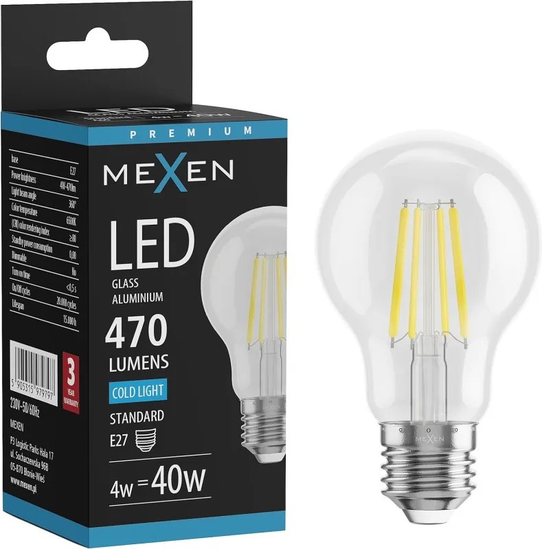 Mexen Vintis, LED filamentová žárovka E27, A60, 4 W, studená bílá 6500K, čirá, L150-E27-0465-00