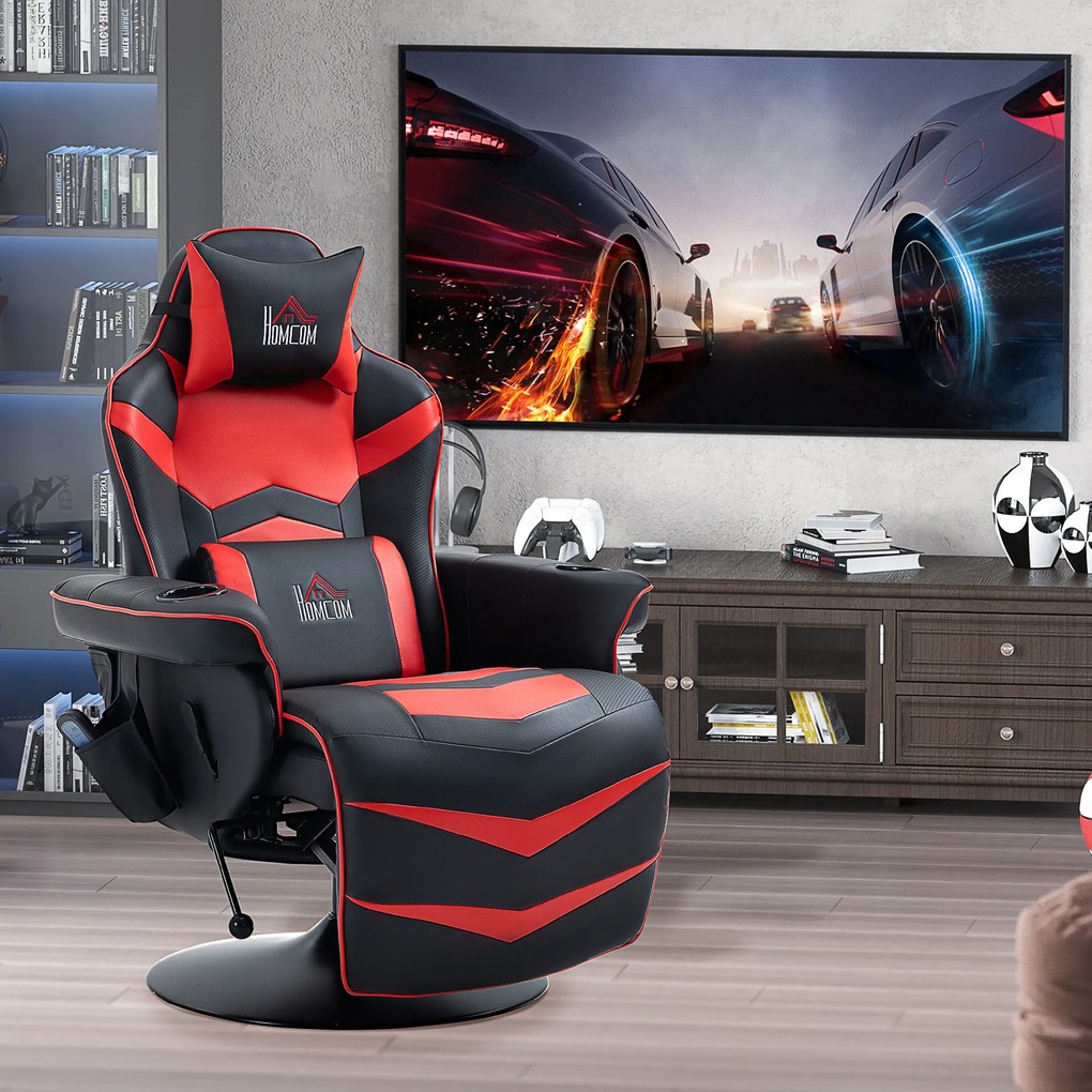 HOMCOM polohovací křeslo s masážní funkcí, ergonomické, lounge křeslo s vysokým opěradlem, polštářem, držákem na nápoje, TV křeslo, imitace kůže