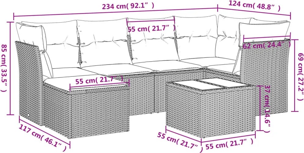 7dílná zahradní sedací souprava s poduškami béžová polyratan 3217958