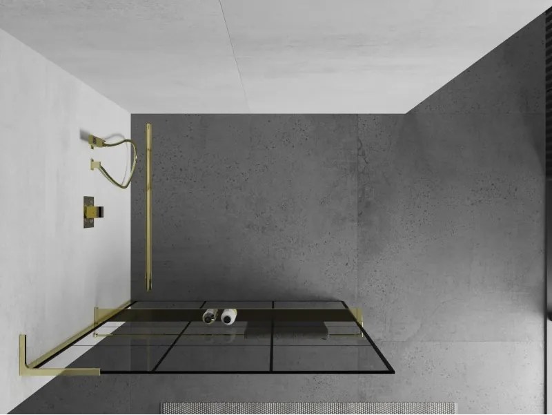 Mexen Kioto+ L, sprchová zástěna Walk-In s poličkou a věšákem 110 x 200 cm, 8mm čiré sklo černý vzor, ​​zlatý lesklý profil, 800-110-123-50-77