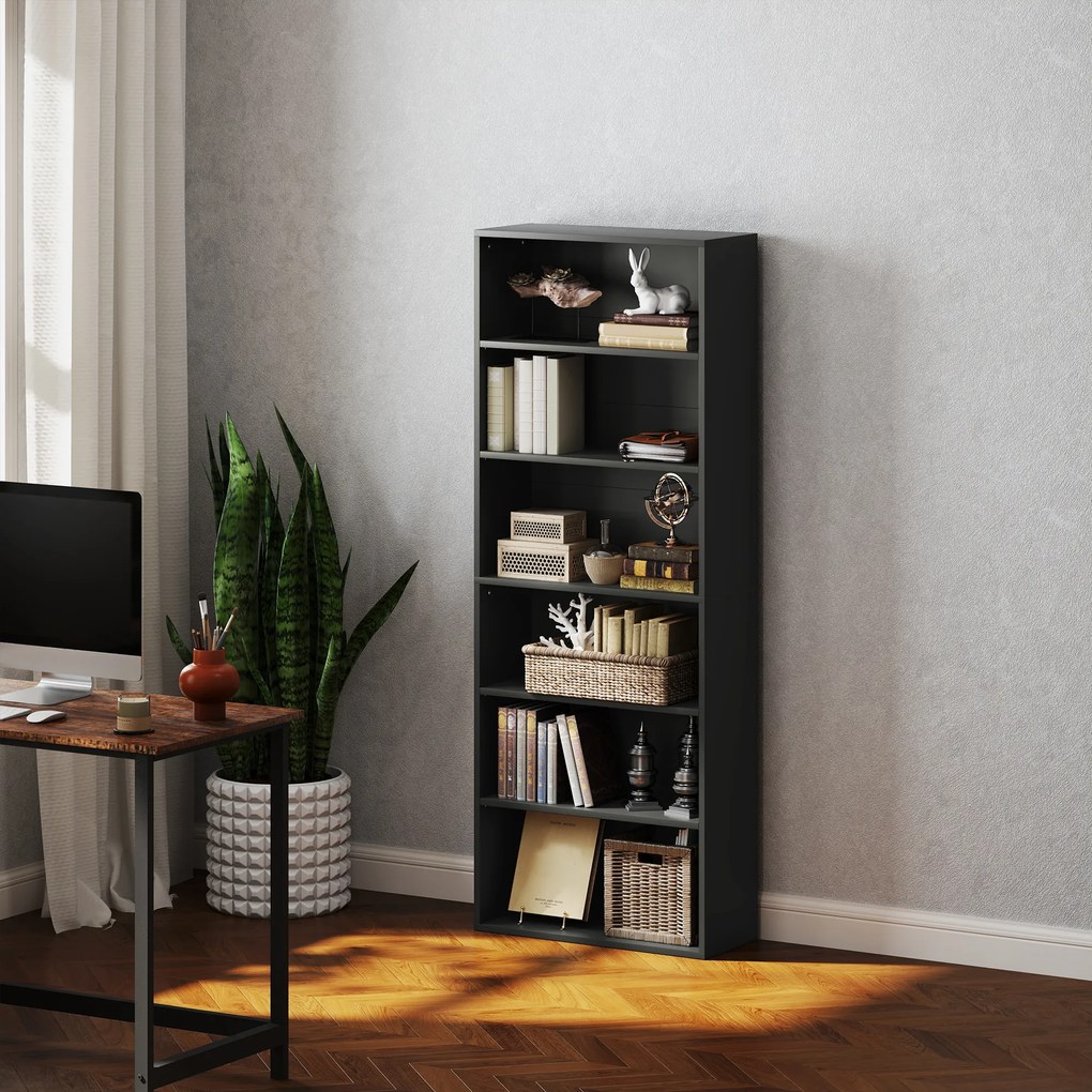 HOMCOM knihovna úložný regál 6 úrovní s nastavitelnými policemi pro obývací pokoj, ložnici, kancelář, 60x24x158,5 cm, černá