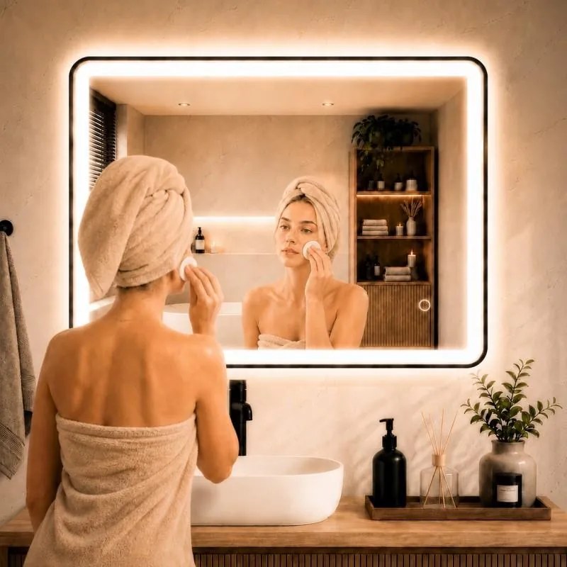 Erga Sari, LED zrcadlo v černém rámu s vyhříváním a dotykovým ovládáním, 80 × 60 cm, černá matná, ERG-YKA-MR.SARI-BLK-60X80