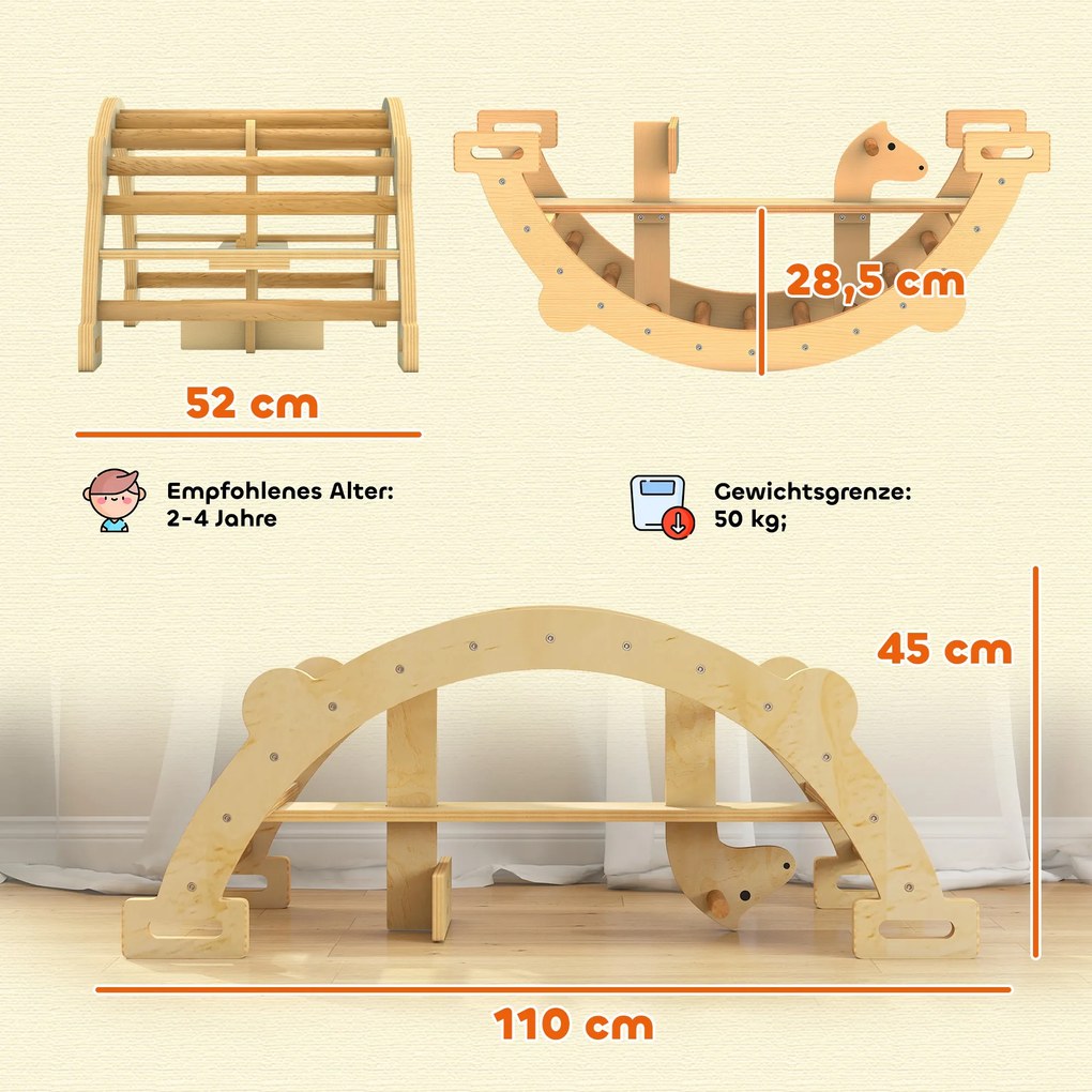 Montessori prolézačka pro vnitřní použití, dřevěný prolézací oblouk 2 v 1, pro děti od 2 do 4 let, 110x52x45 cm, přírodní dřevo
