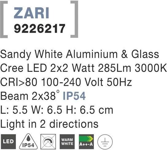 NV 9226217 Venkovní nástěnné svítidlo ZARI bílý hliník a sklo Cree LED 2x2W 3000K 100-240V 2x38st. IP54 světlo ve dvou směrech - NOVA LUCE