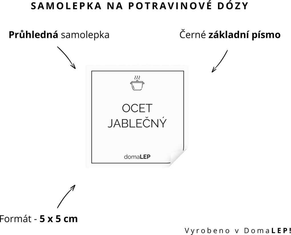 OCET JABLEČNÝ - omyvatelná samolepka na dózu, výběr rozměrů Ø 5 cm / 5 x 5 cm / 6 x 8 cm | DomaLEP tvar: OBDÉLNÍK, barva: PRŮHLEDNÁ - ČERNÉ písmo, velikost: š. 6 cm x v. 8 cm - tučné písmo