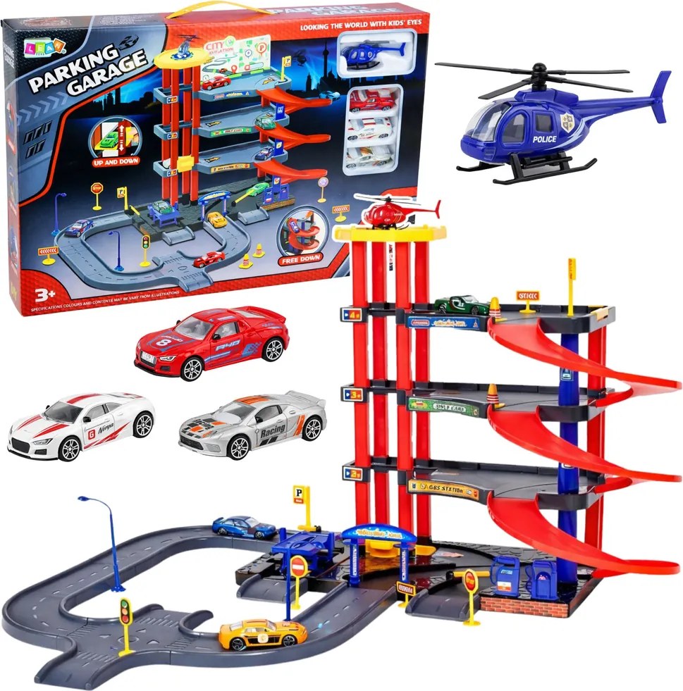 LEAN Toys Vícepodlažní parkoviště, 4 podlaží, s výtahem, vrtulník, autíčka, 70 dílů