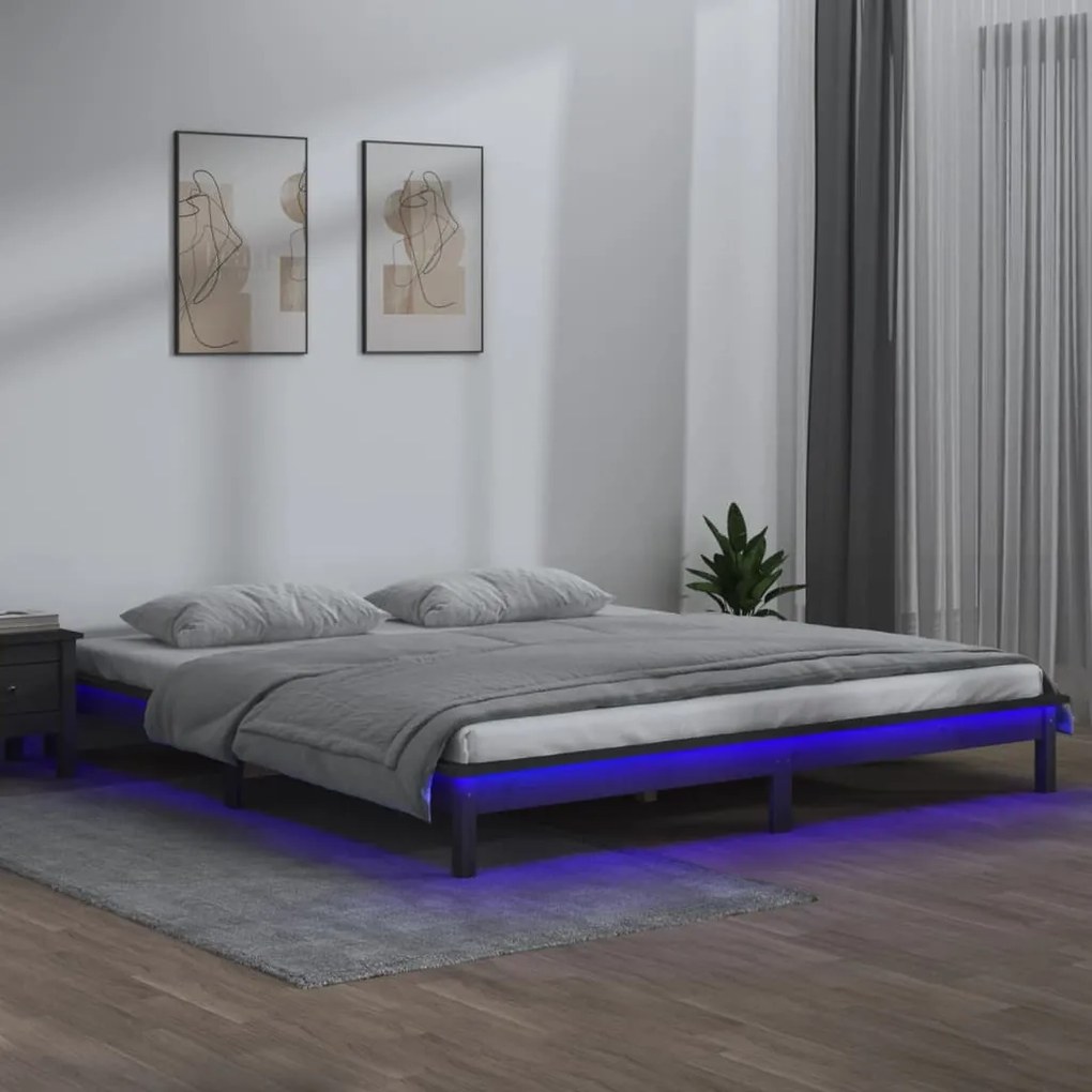 820623 vidaXL Rám postele s LED šedý 180 x 200 cm Super King masivní dřevo