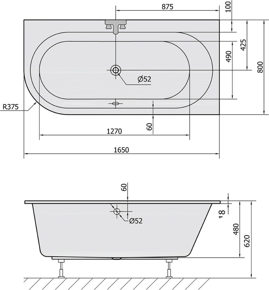 Polysan ASTRA R SLIM 165 x 80 x 48 cm 34611S asymetrická vana pravá bílá