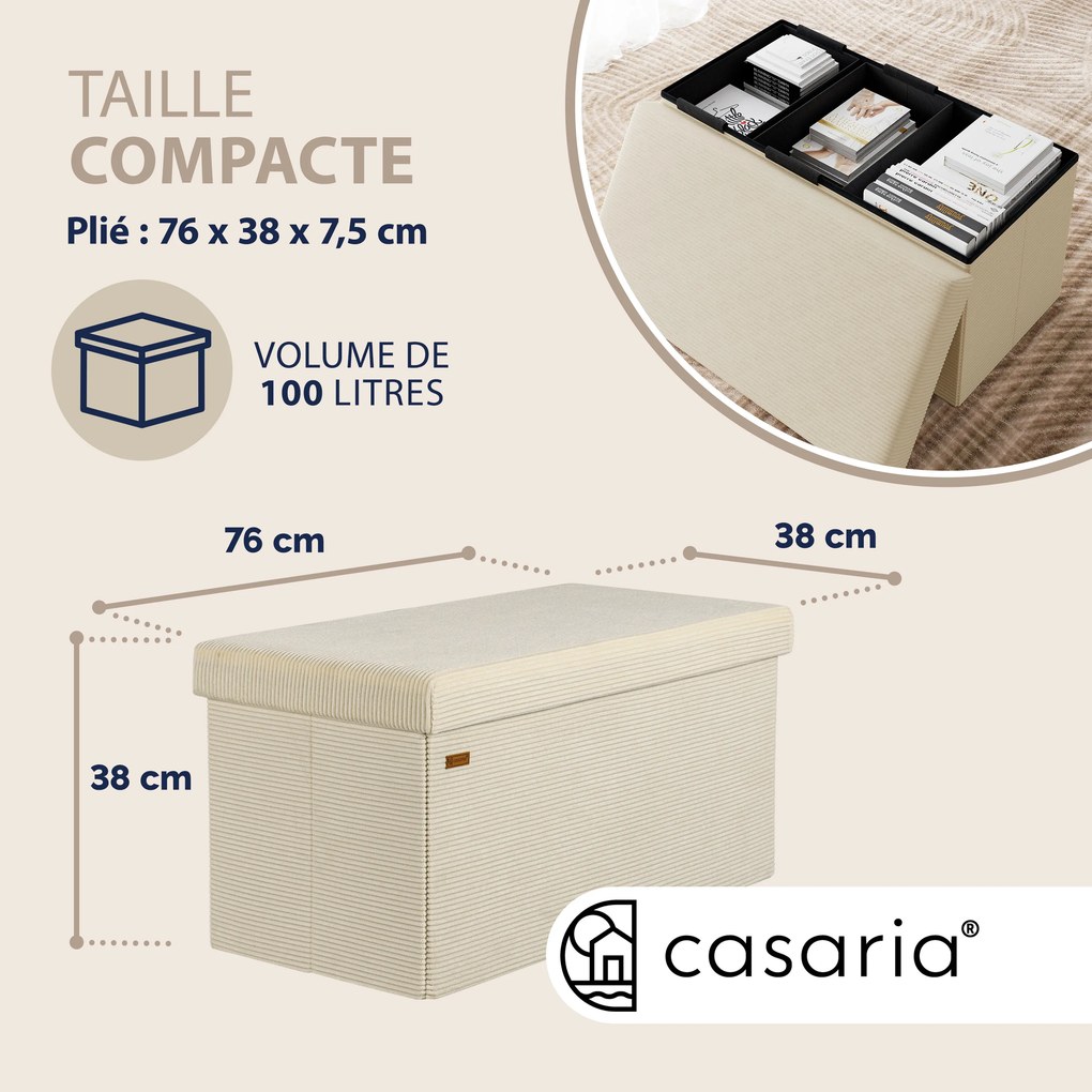 Lavice s úložným prostorem béžová manšestr 76x38x38cm MDF skládací