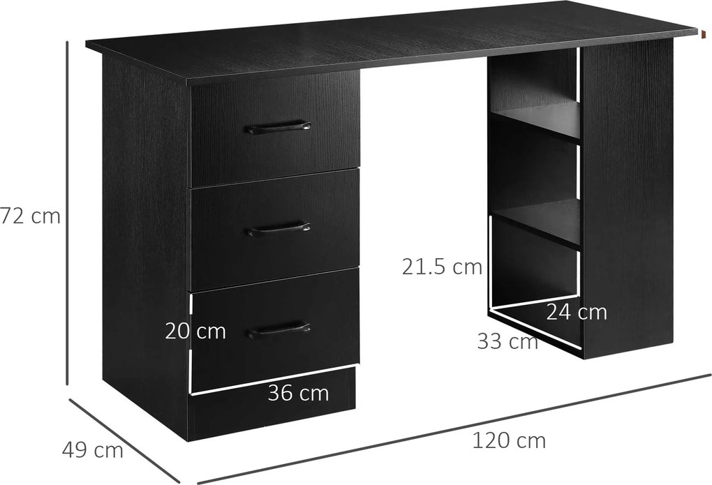HOMCOM Počítačový stůl se 3 zásuvkami a 3 policemi, stůl do ložnice a kanceláře 120x49x72cm, černý