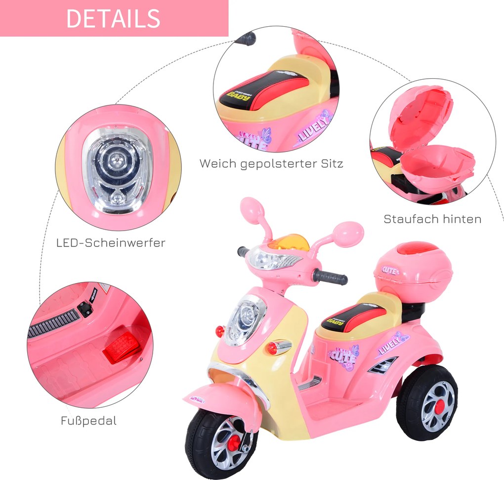 HOMCOM dětská elektrická motorka dětská elektrická motorka dětské elektrické auto dětské vozidlo tříkolka, 6V, kov+PP, 108x51x75cm (růžová+žlutá) | A…
