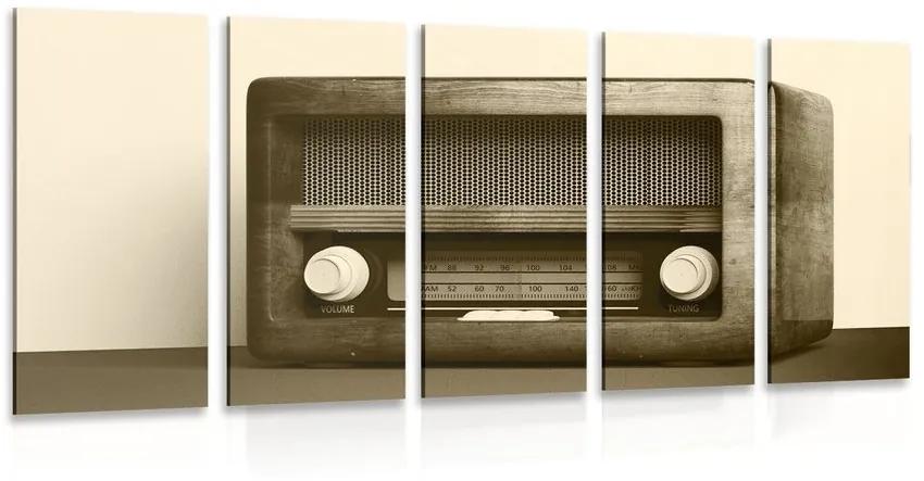 5-dílný obraz retro rádio v sépiové provedení - 100x50 cm