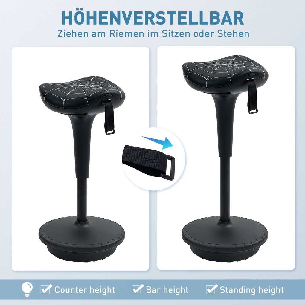 Vinsetto ergonomická otočná sedlová stolička — výškově nastavitelná 65,5–83,5 cm, náklon 120°, protiskluzová, černá