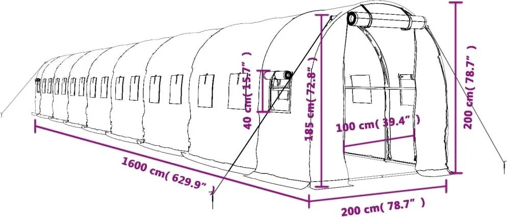 vidaXL Skleník s ocelovým rámem 32 m² 16 x 2 x 2 m [3188023] Barva: Zelená