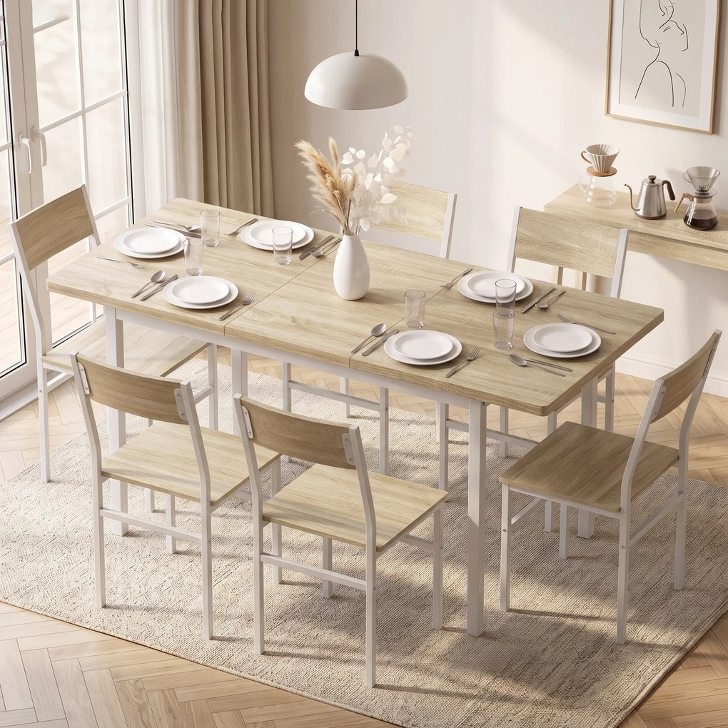 HOMCOM rozkládací jídelní set 120-160 cm se 6 židlemi pro 4-6 osob, vzhled dubu