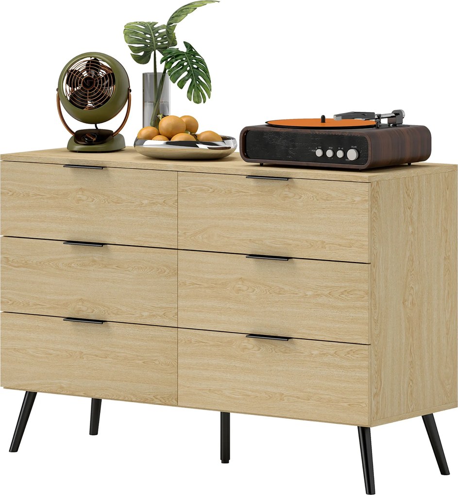 HOMCOM Komoda se 6 zásuvkami Moderní design s protišmykovým zajištěním 110Š x 40H x 75V cm Dřevěný vzhled | Aosom