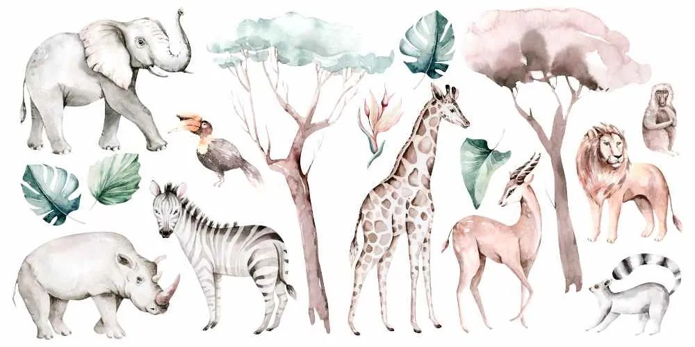 Gario Dětská nálepka na zeď Savanna - slon, nosorožec, žirafa a jiná zvířata