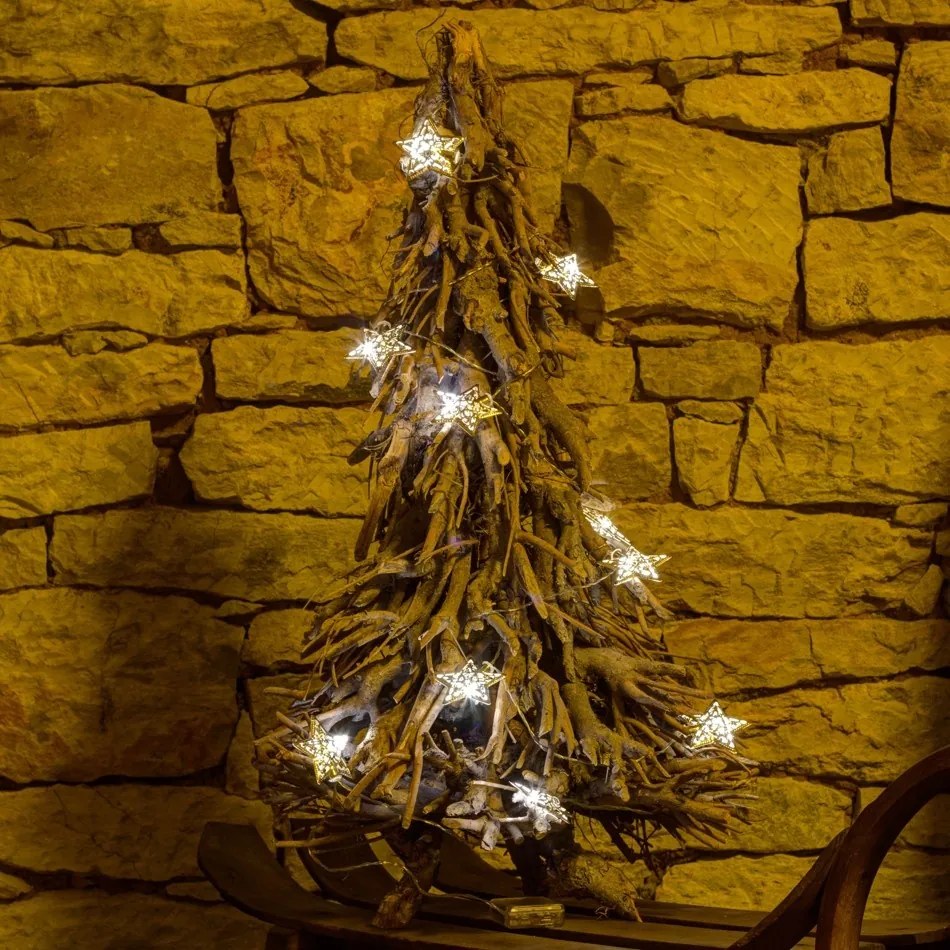LED světýlka na baterie, 1,3 m, kovové hvězdy, ledově bílá, 10 diod, čirý kabel, IP20 interiér, 2× AA