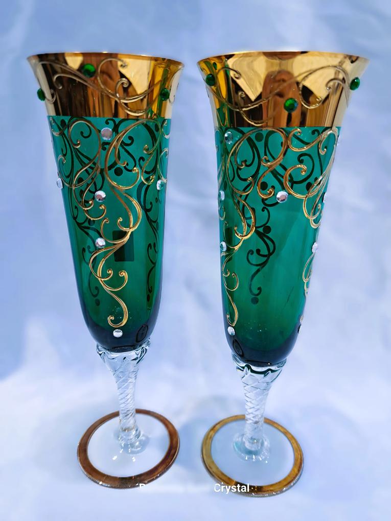 Sklenice na šampaňské, zelená barva, zlato a kamínky 150 ml, 2 ks